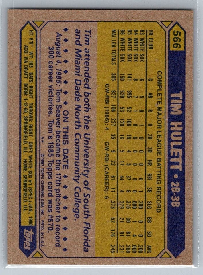 Tim Hulett 1987 Topps Set Break BASEBALL #566 Chicago White Sox | eBay