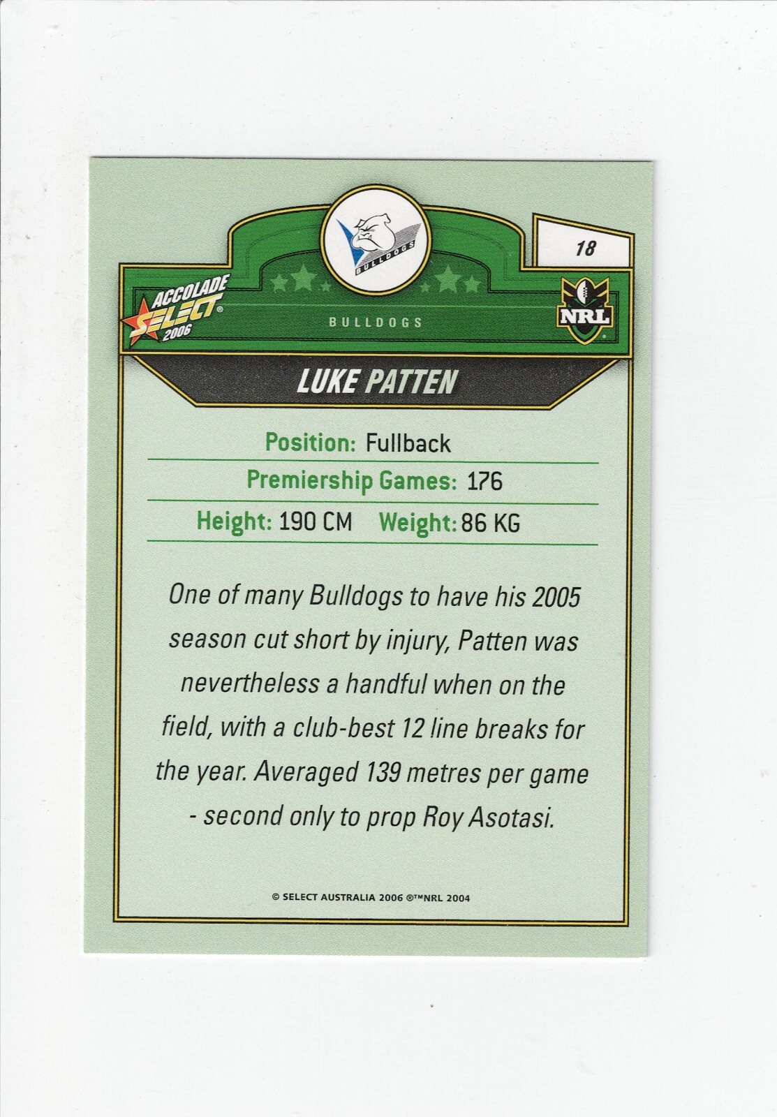 2006 Select NRL Accolade Rugby League Luke Patten #18 (Canterbury ...