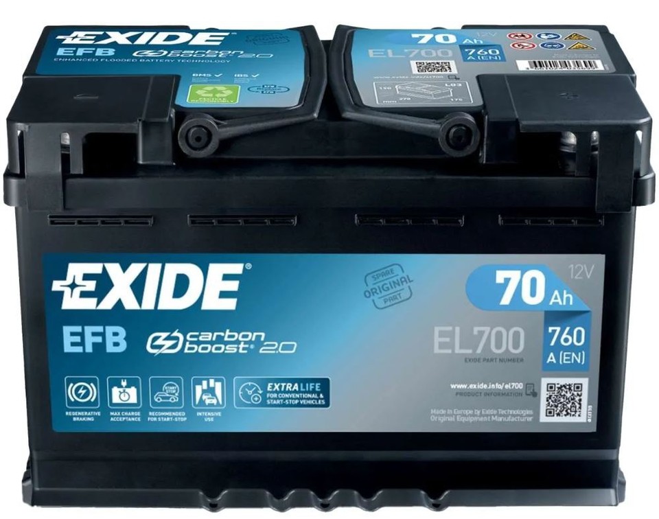 EFB Car Battery EL700 Exide 096 EFB 720A 70Ah 3Yr WTY 278x175x190 Start ...