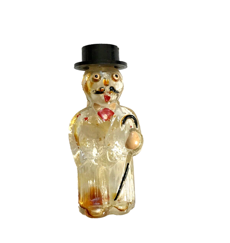 VINTAGE MAN w CANE ,TOP HAT & MUSTACHE FIGURAL GLASS COLOGNE/PERFUME ...