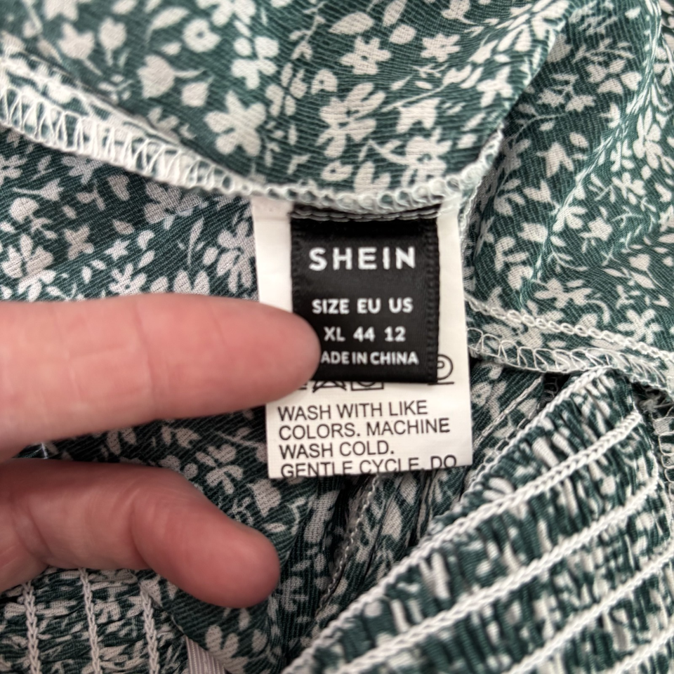 Wide Leg Smocked Jumpsuit Womens 12 Green White Floral Short Sleeve Shein | eBay