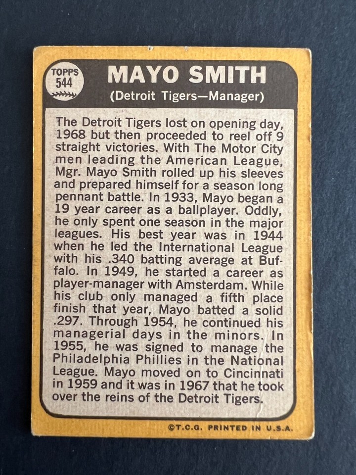 1968 Topps #544 Mayo Smith, creased | eBay