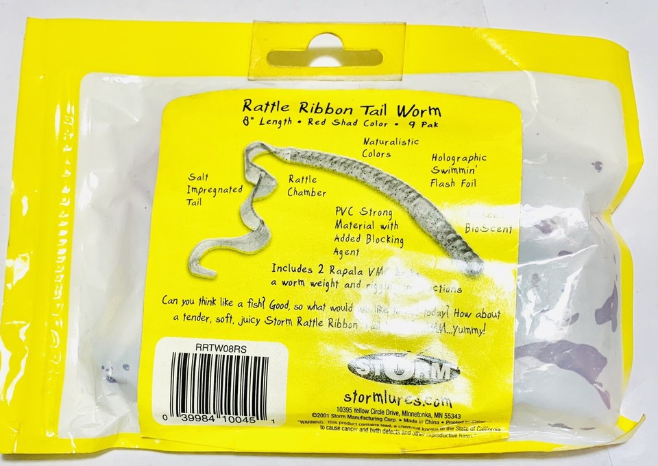 STORM RAPALA 8” Rattle Ribbon Tail Plastic Worms 9 Pack Pumpkin Aniseed ...