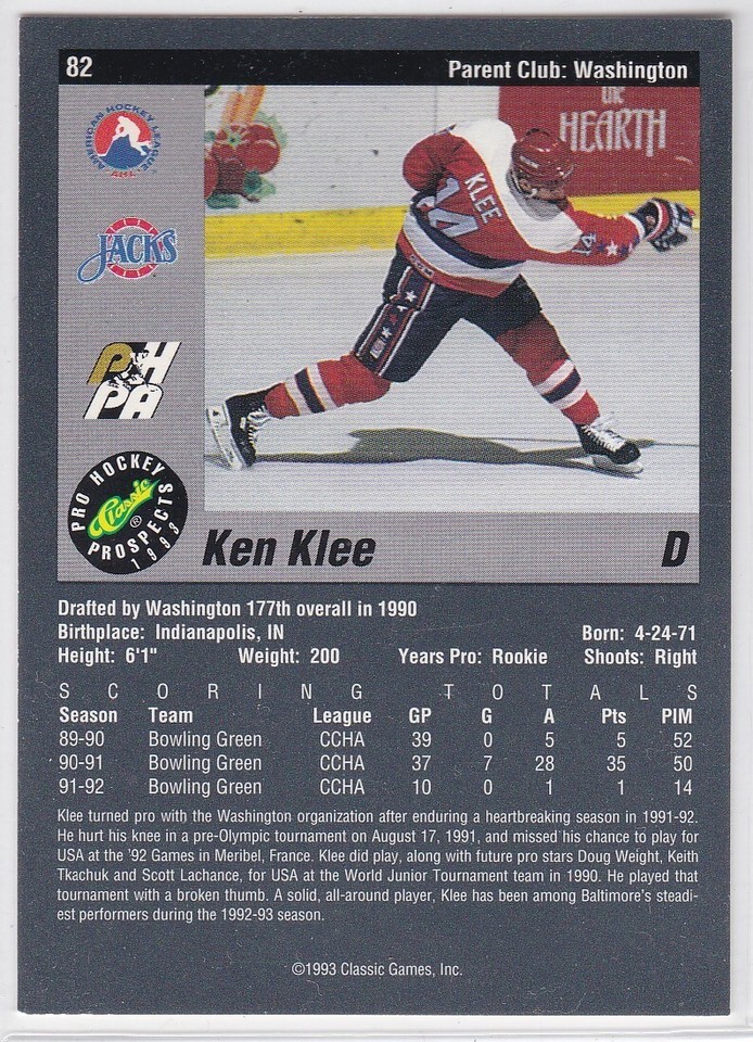 M) 1993 Pro Hockey Classic Trading Card Ken Klee #82 | eBay