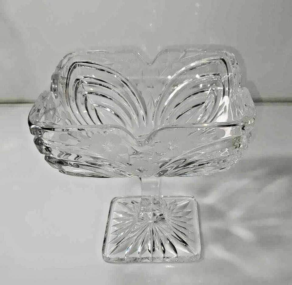 VINTAGE CRYSTAL SQUARE CLEAR GLASS COMPOTE ETCHED FROSTED FLOWERS HEAVY ...