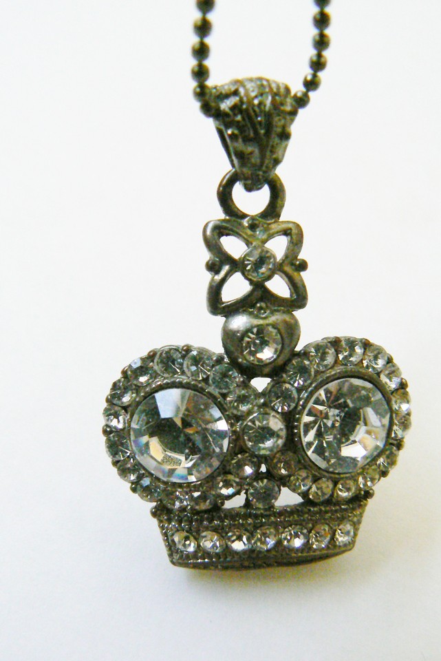 VTG Silver Tone Clear Crystal Princess Crown Tiara pendant and Necklace ...