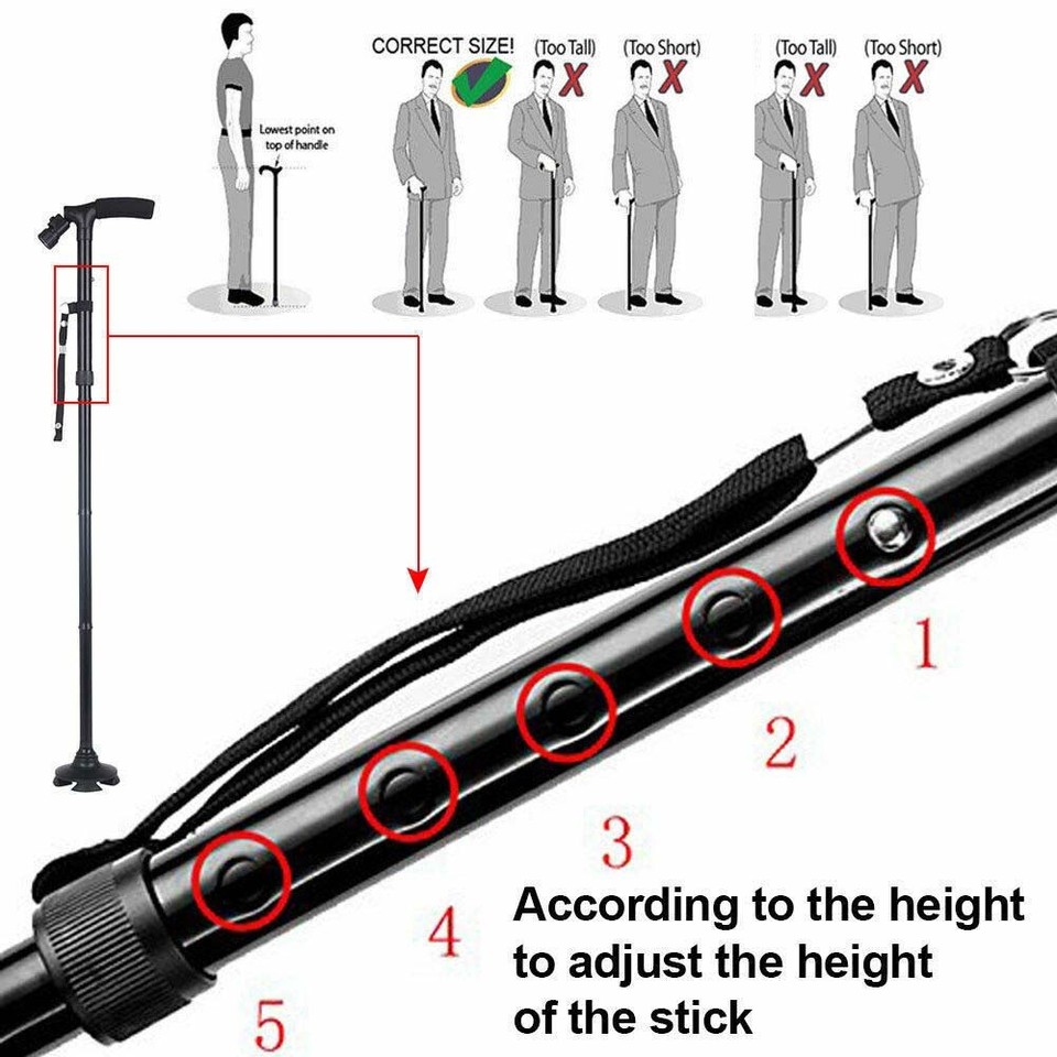 LED Walking Stick Cane Safety All Terrain Pivoting Base Folding Cane ...