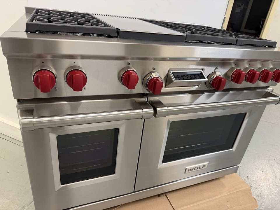 Wolf DF486G 48" Dual Fuel Range 6 Burners + Griddle PRO Stainless - Red ...