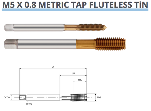 M5 x 0.8 ROLL TAP TiN COATED HSS-E 6HX COLD FORMING TM38170500 EUROPA ...