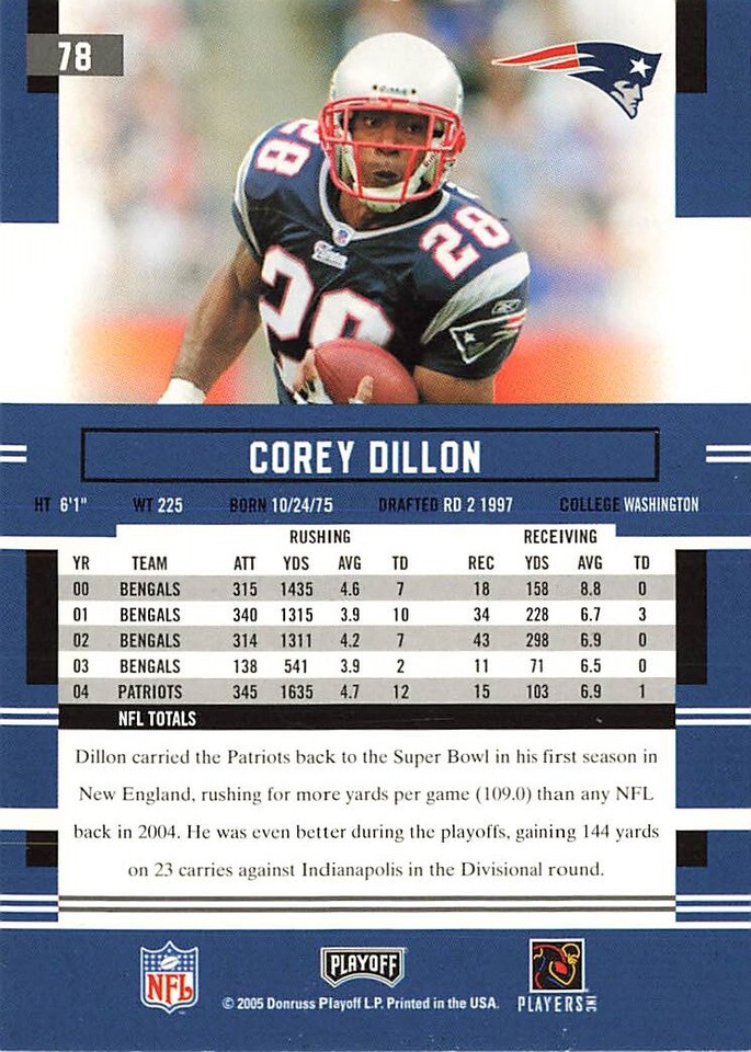 2005 Playoff Prestige #78 Corey Dillon New England Patriots | eBay