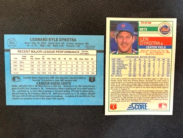 MLB - Len Dykstra 1988 Donruss & 1988 Score Baseball - Mets | eBay