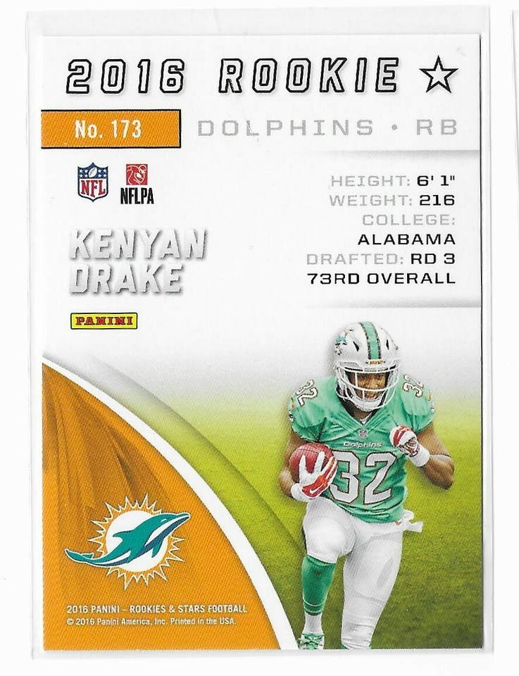 Kenyan Drake 2016 Panini Rookies & Stars Football Rookie #173 Dolphins ...