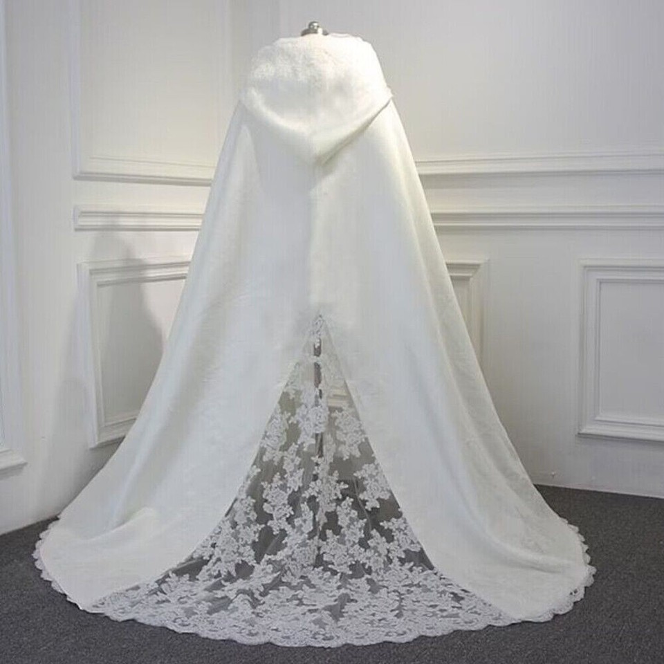 White Satin Lace Wedding Cloaks With Hooded Wraps Long Bridal Church ...