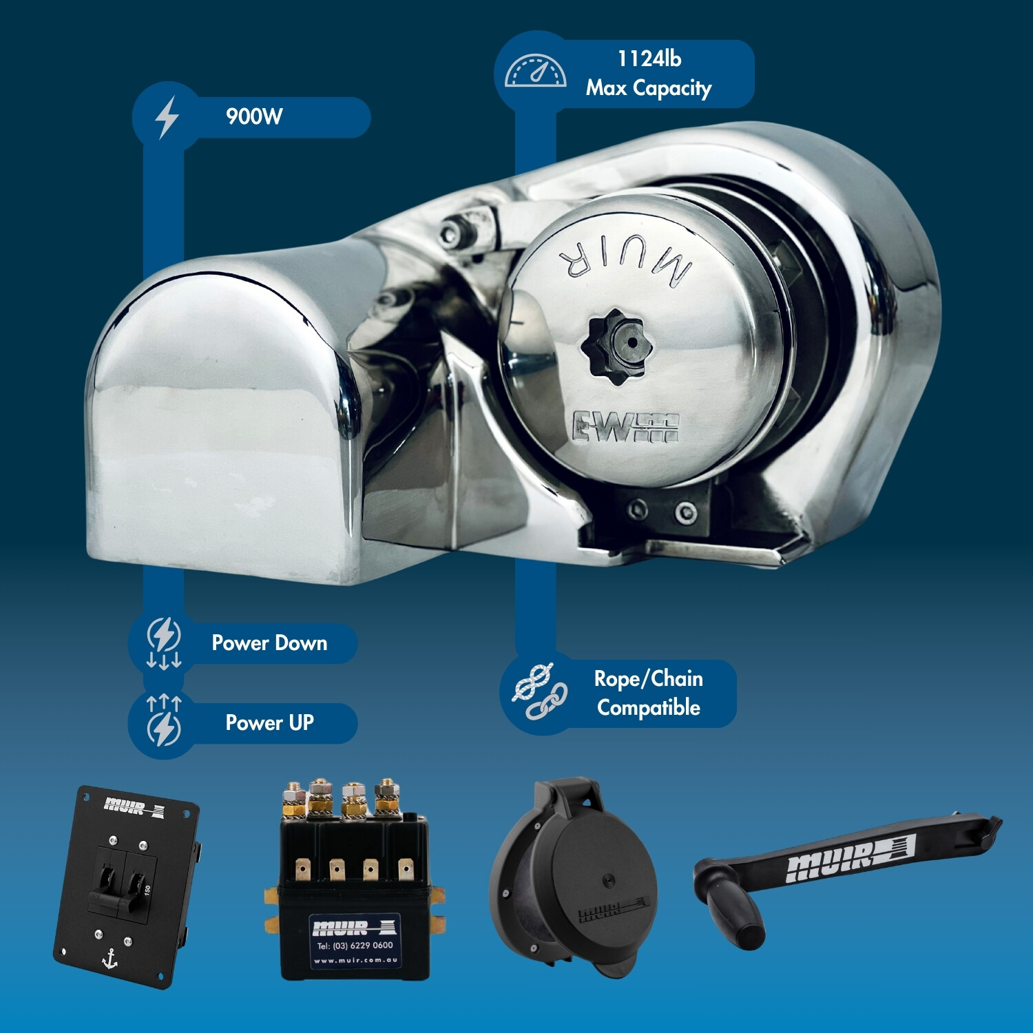 Muir H900 Marine Anchor Winch Windlass 26' to 39' vessels 900W FREE ...