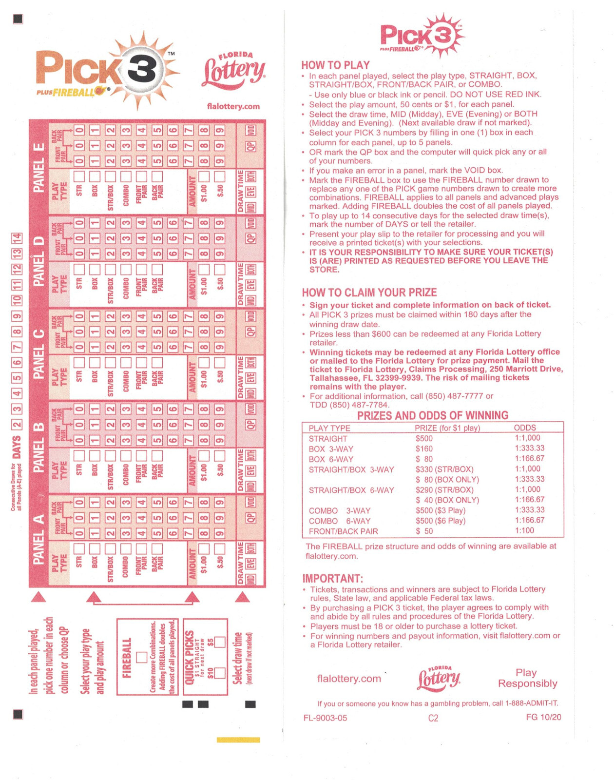 Florida Lottery Pick 3 Unused Play Slip | eBay