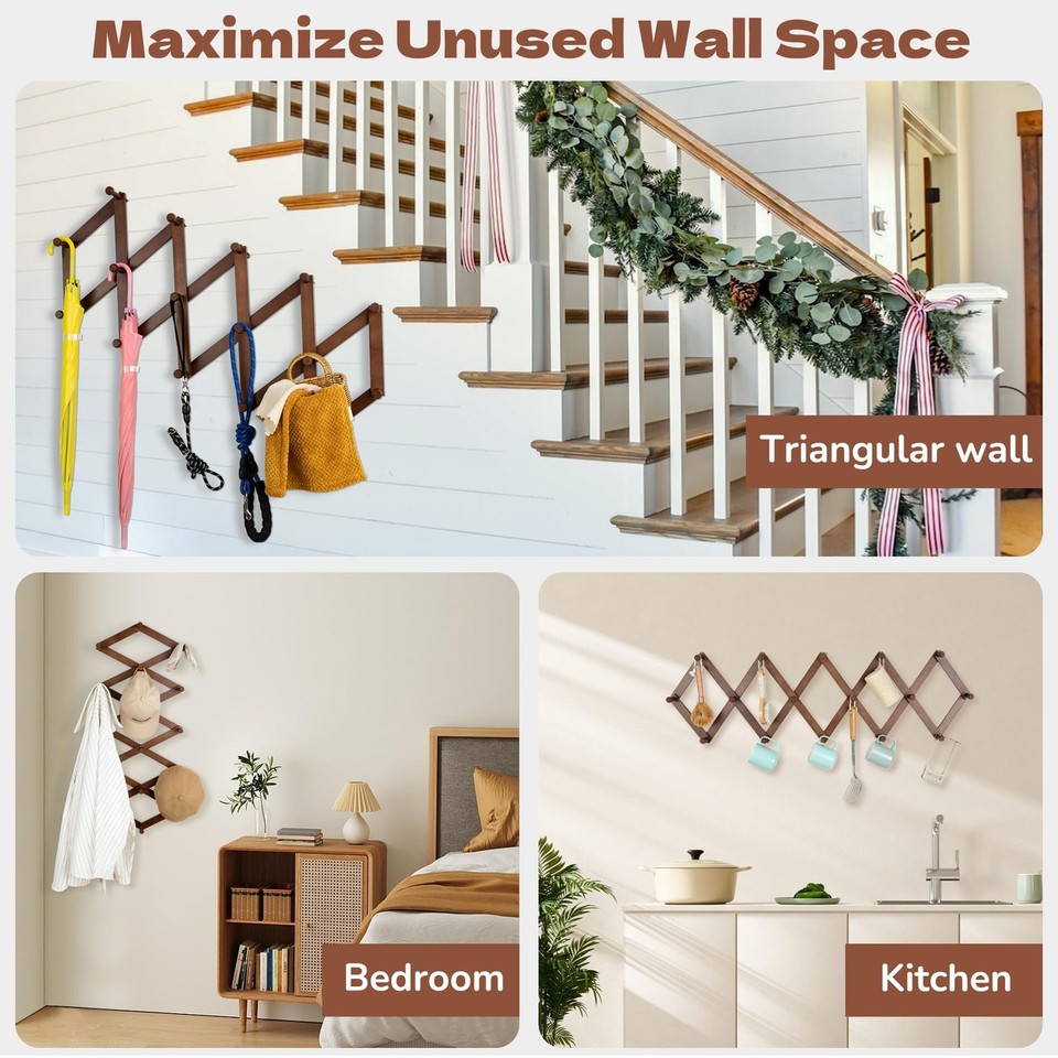 Accordion Wall Hanger, Wooden Hat Rack for Wall with 16 Hooks ...