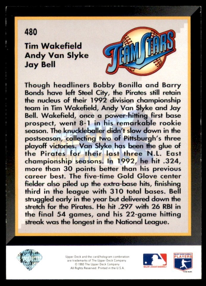 1993 Upper Deck #480 Tim Wakefield Andy Van Slyke Jay Bell Team Stars ...