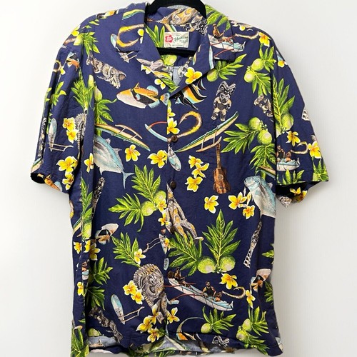 Vintage Hawaiian Shirt Large Blue Tiki Canoe Fish Ukulele Tropical 90s ...