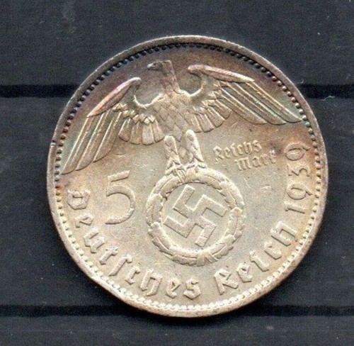 Germany Third Reich 5 Reichsmark Silver Coin 1939 J Hindenburg with ...