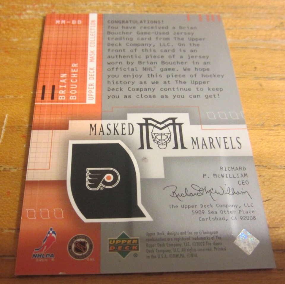 Brian Boucher 2001-02 UD Mask Collection Goalie Jerseys #MMBB Relic ...
