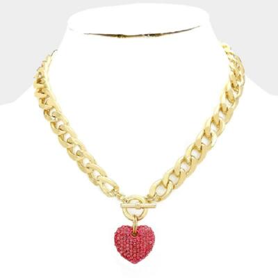 Gold RED Rhinestone Heart Charm Toggle Necklace ( 1442 GDRED ) | eBay