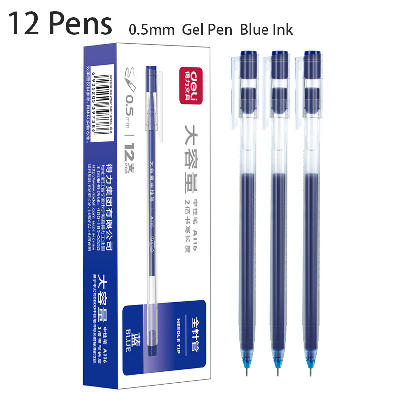 Deli Gel Pen 12 Pens Straight Liquid Ballpoint Pen 0.5mm Blue Ink ...