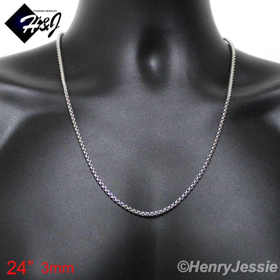 16-40"MEN Stainless Steel 2mm/3mm/4mm/5mm/7mm Silver Smooth Box Chain ...