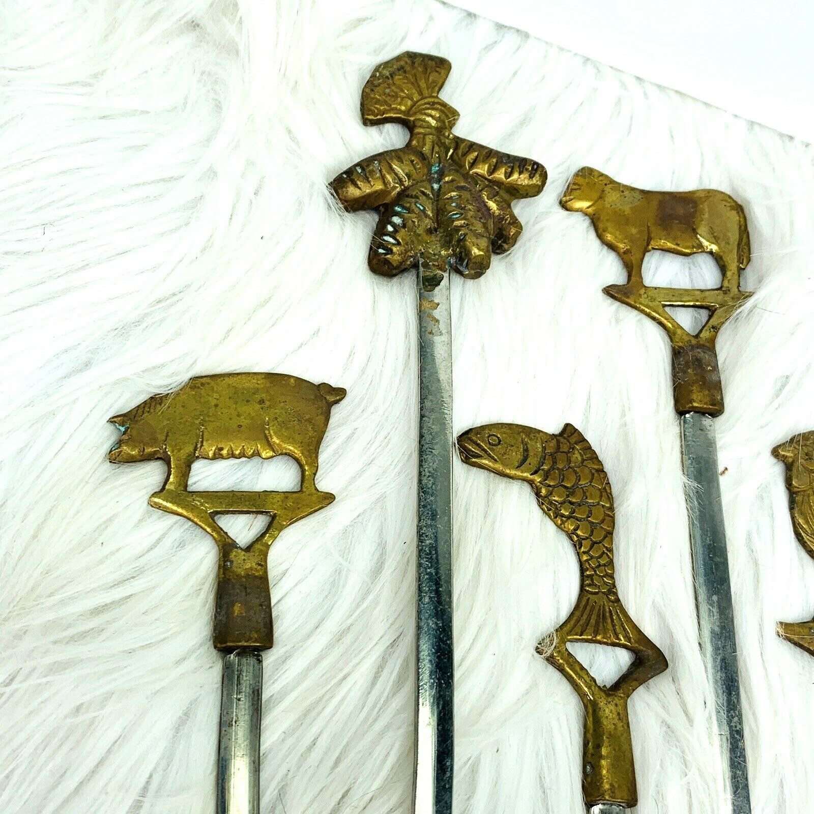 Vintage Shish Kabob BBQ Skewer Sword Set Brass Stainless Animals ...