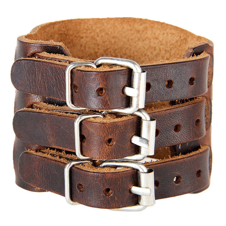 Unisex Genuine Leather Bracelet Biker Cuff Strap Punk Wide Belt Bangle ...