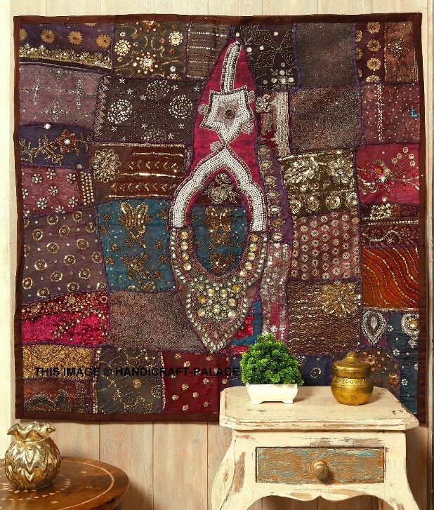 40" Indian Vintage Beaded Sequins Tapestry Square Embroidered Wall ...