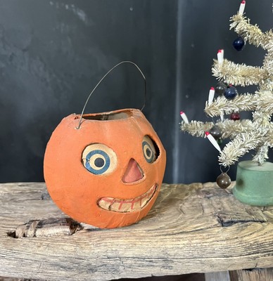ORIG 3" Vintage German Halloween Pressed Paper Mache JOL Pumpkin Jack O ...