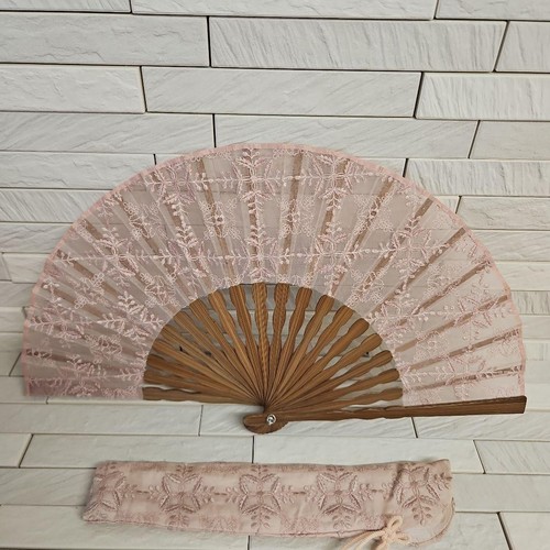Japanese Fan Lace Fan with Storage Bag, Pink Embroidered Sakura, Wooden ...
