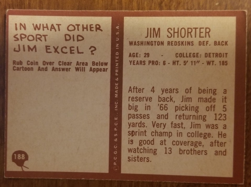 1967 Philadelphia #188 Jim Shorter, Washington Redskins | eBay