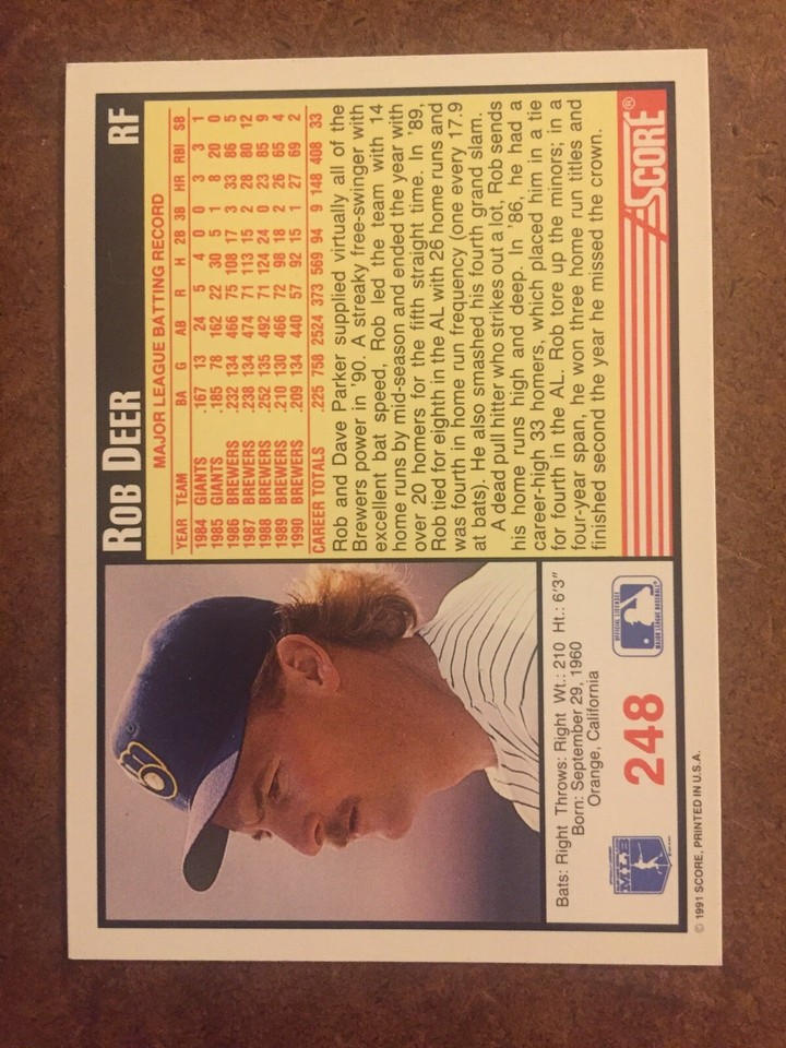 Rob Deer 248 Score 1991 MLB Baseball Trading Card | eBay