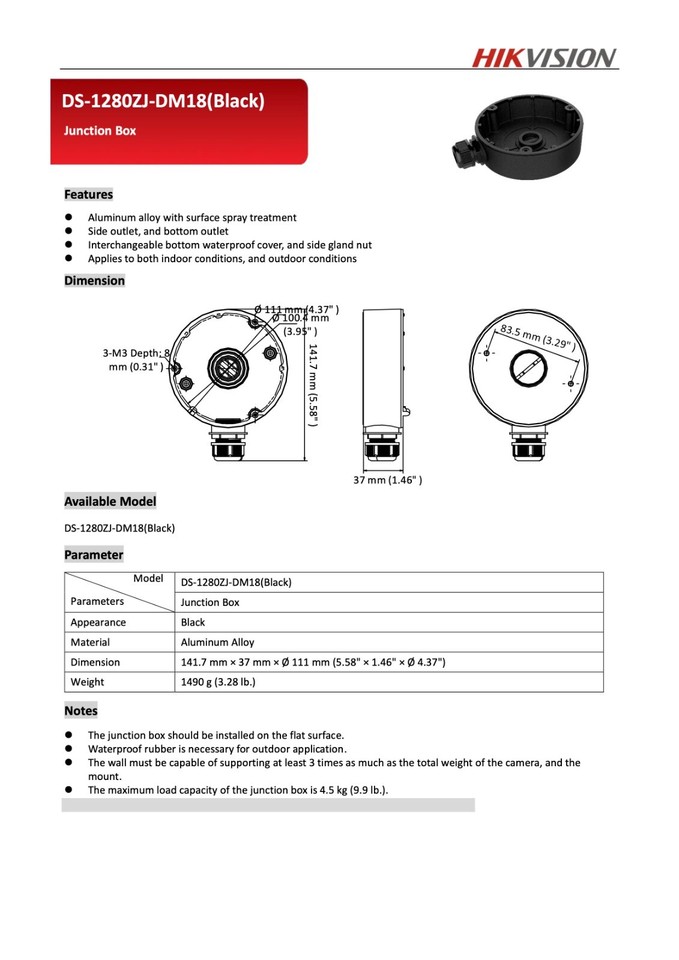 CB110 DS-1280ZJ-DM18-Black Conduit Junction Box for Hikvision DS ...