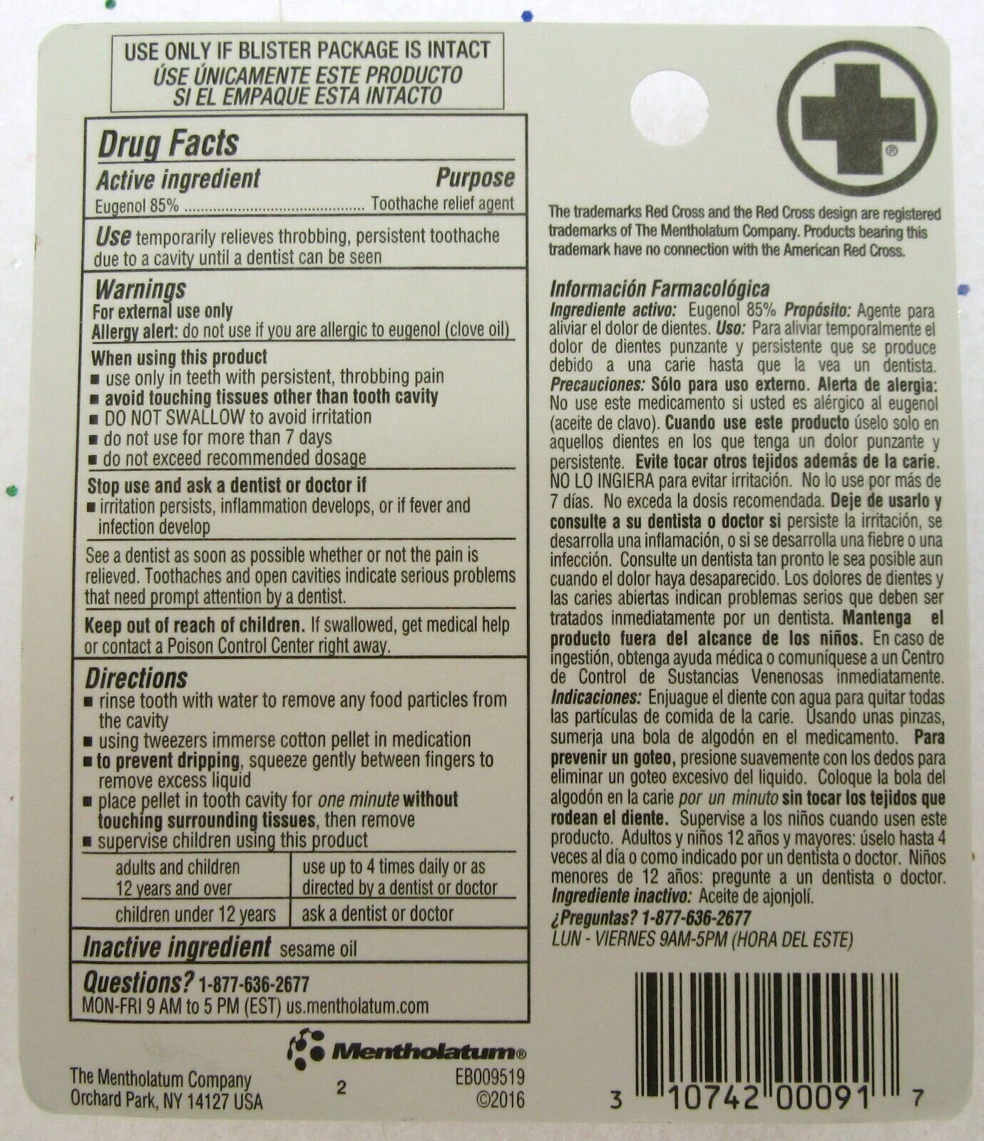 Red Cross Toothache Medication Kit ~ Instant Pain Relief ~ Eugenol Oil ...