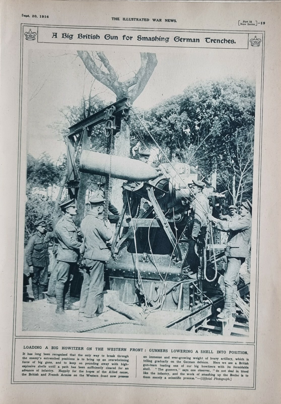1916 WWI WW1 PRINT LOADING BIG HOWITZER GUN WESTERN FRONT GUNNERS SHELL ...