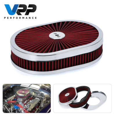 12inch Oval Flow Thru Hot Rod Air Cleaner Washable Chrome SBC BBC For ...