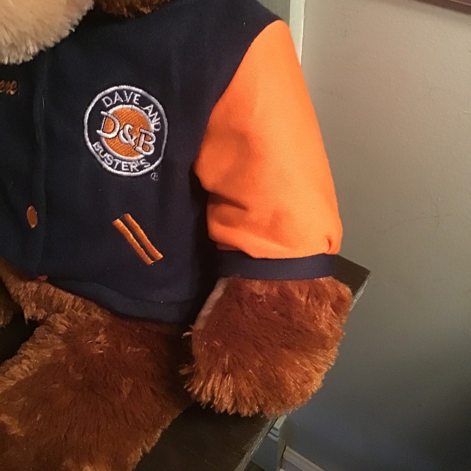 Dave And Buster Stuffed Plush Teddy Bear Blue & Orange Winner Jacket Sz ...