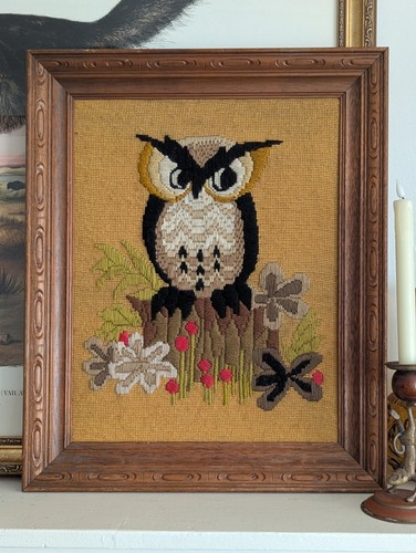 Vtg 1970s Owl Framed Needlepoint Embroidery Boho Wall Art 22x24 Mid ...