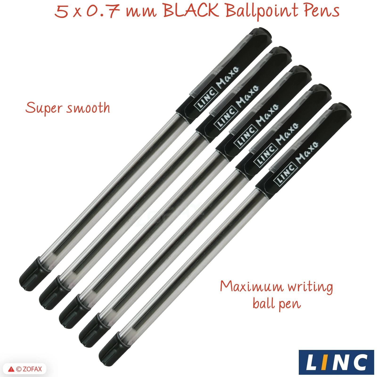 5 x 0.7mm LINC Maxo Fine BLACK Ballpoint Pens Fine Tip Soft Grip Smooth ...