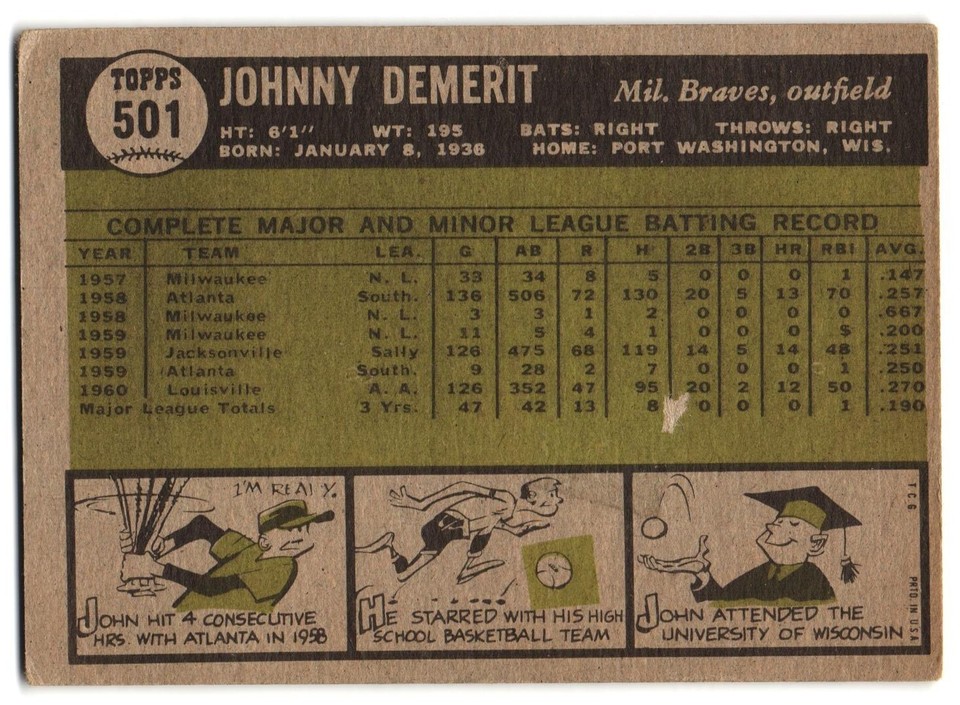 John DeMerit 1961 Topps Card #501 Set Filler | eBay
