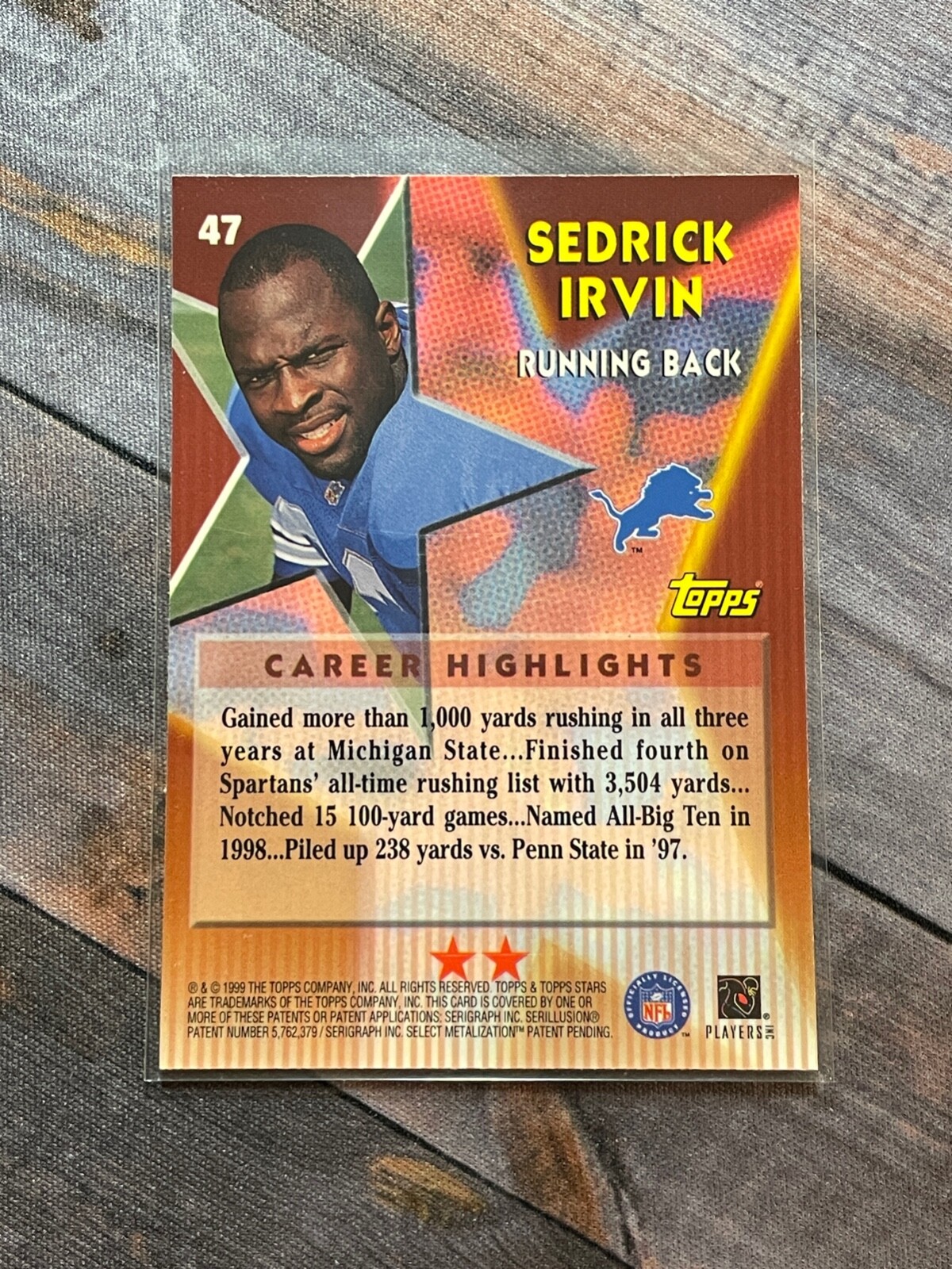 1999 Topps Stars Sedrick Irvin RC Two Star #47 Michigan State Detroit ...