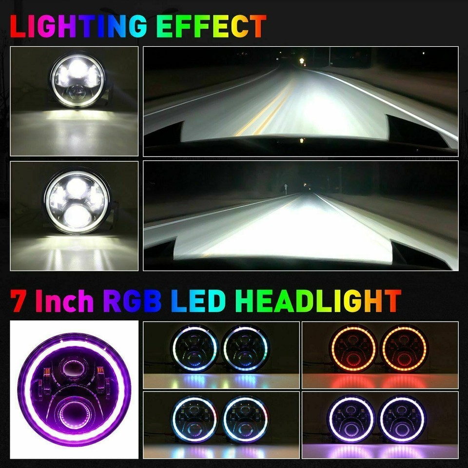 7" LED RGB Bluetooth Headlights + 4" Muti-Color Fog Lights For Jeep ...