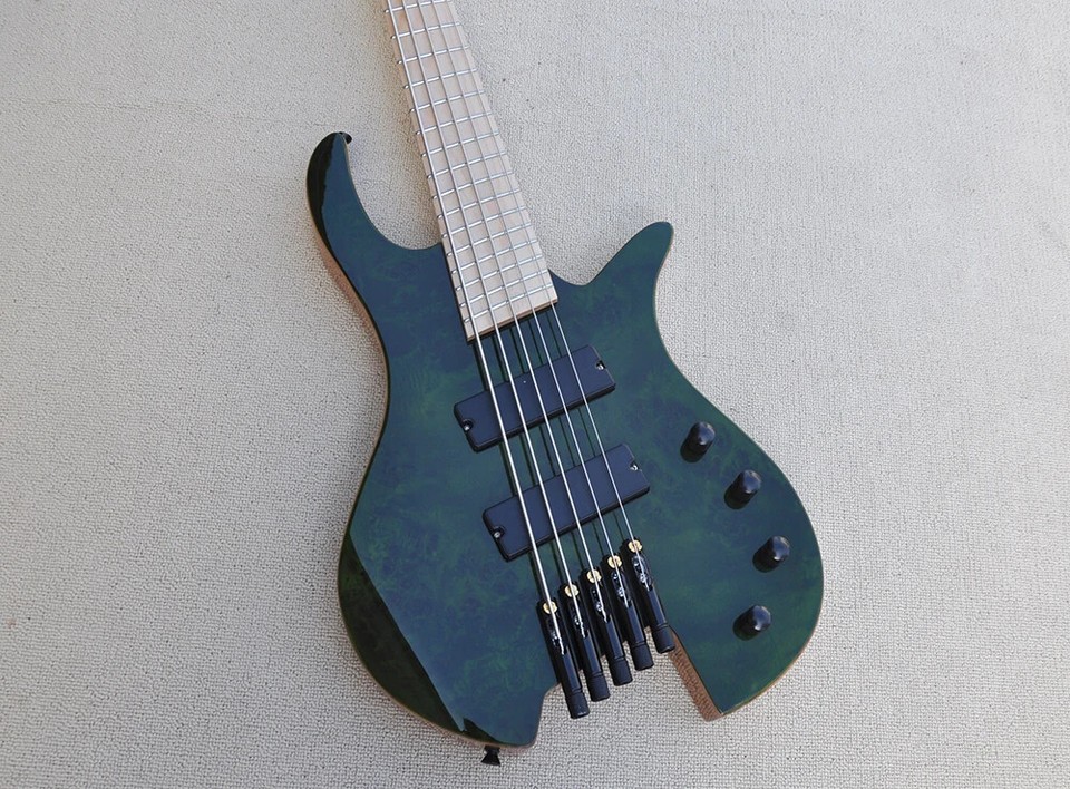 Green 5 Strings Headless Electric Bass Guitar with Slanted Frets Maple ...