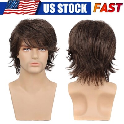 Men Brown Short Wigs Layered Natural Wavy Synthetic Hair Boys Male Wig ...