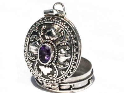 Sterling Silver Bali Oval Leaf Amethyst Prayer Box Pendant | eBay