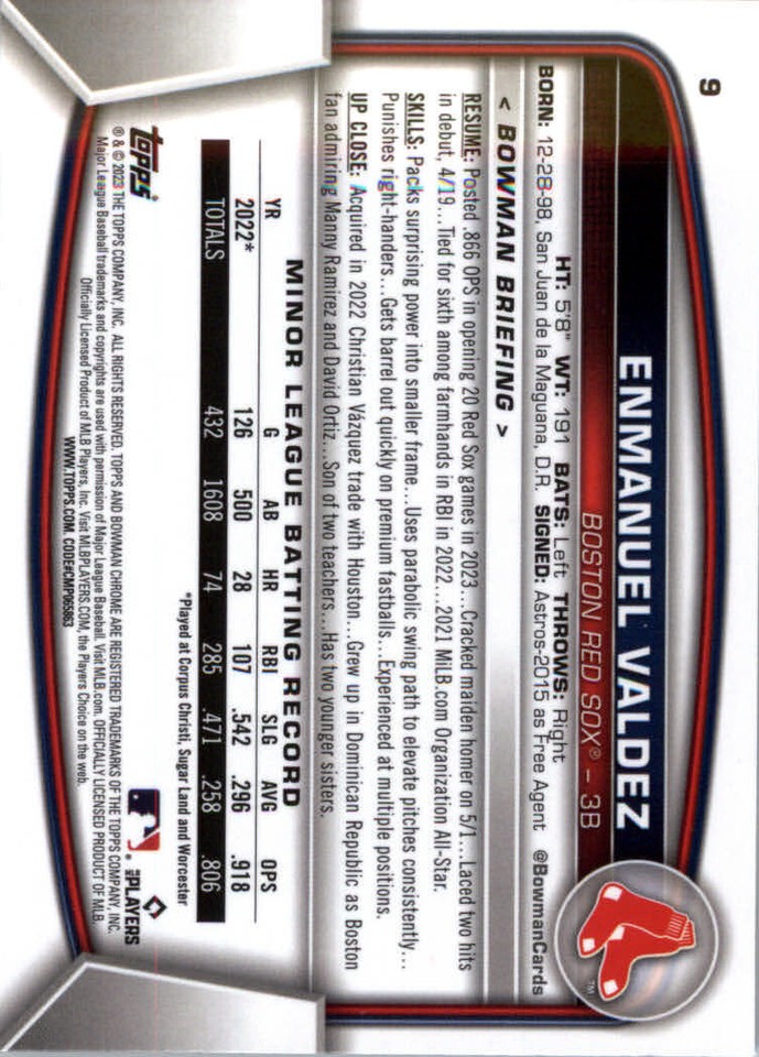 2023 Bowman Chrome Baseball #9 Emmanuel Valdez RC - Boston Red Sox | eBay
