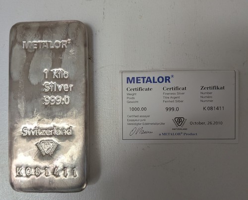 Metalor 1KG Silver Bullion .999 Pure Bar with Certificate & Serial ...