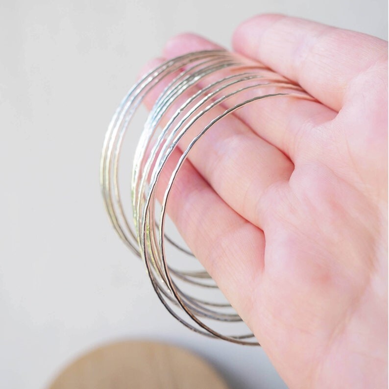 Solid 925 Sterling Silver Bangles, Hammered Bangles Stacking Set of 7 ...